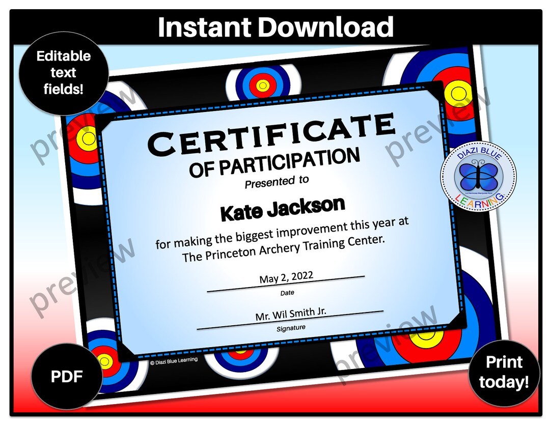 Archery Award, Editable Archery Certificate Award PDF, Archery ...