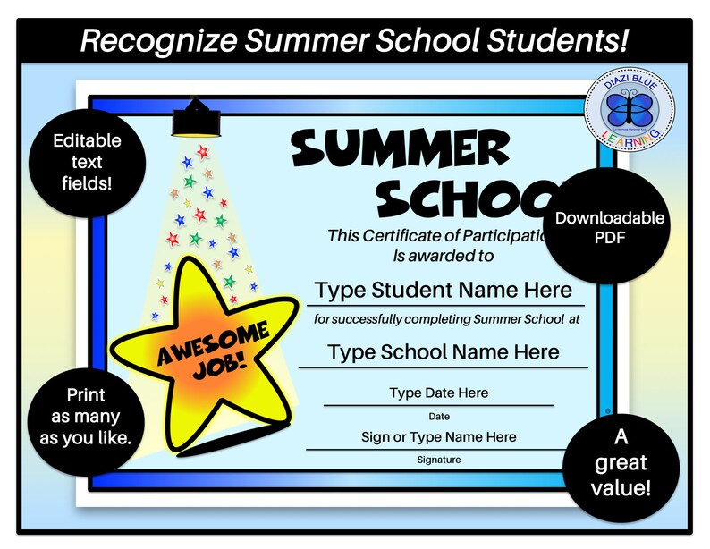 Summer School Certificate, Editable Summer School Certificate ...