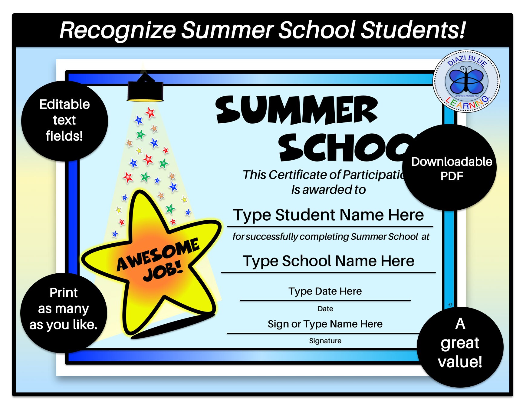 Summer School Certificate, Editable Summer School Certificate ...
