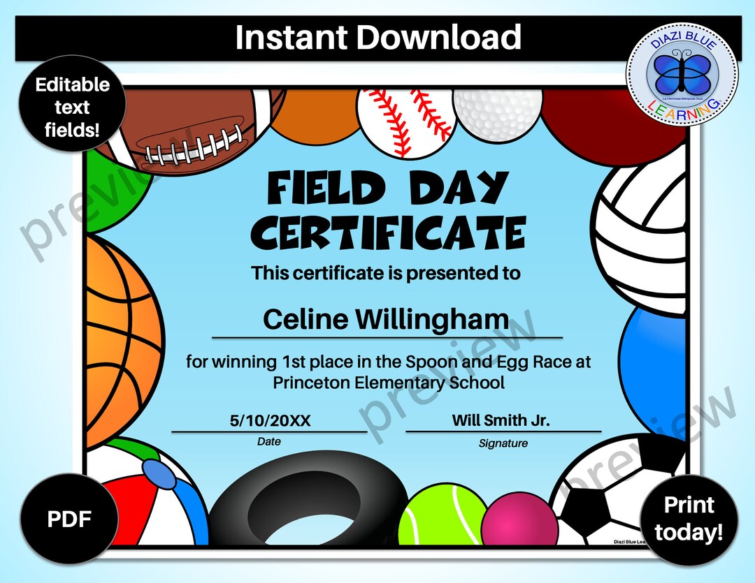 Field Day Certificate 2, Field Day Award, Editable Field Day ...