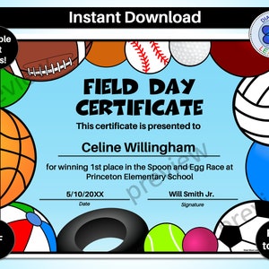 Field Day Certificate 2, Field Day Award, Editable Field Day ...