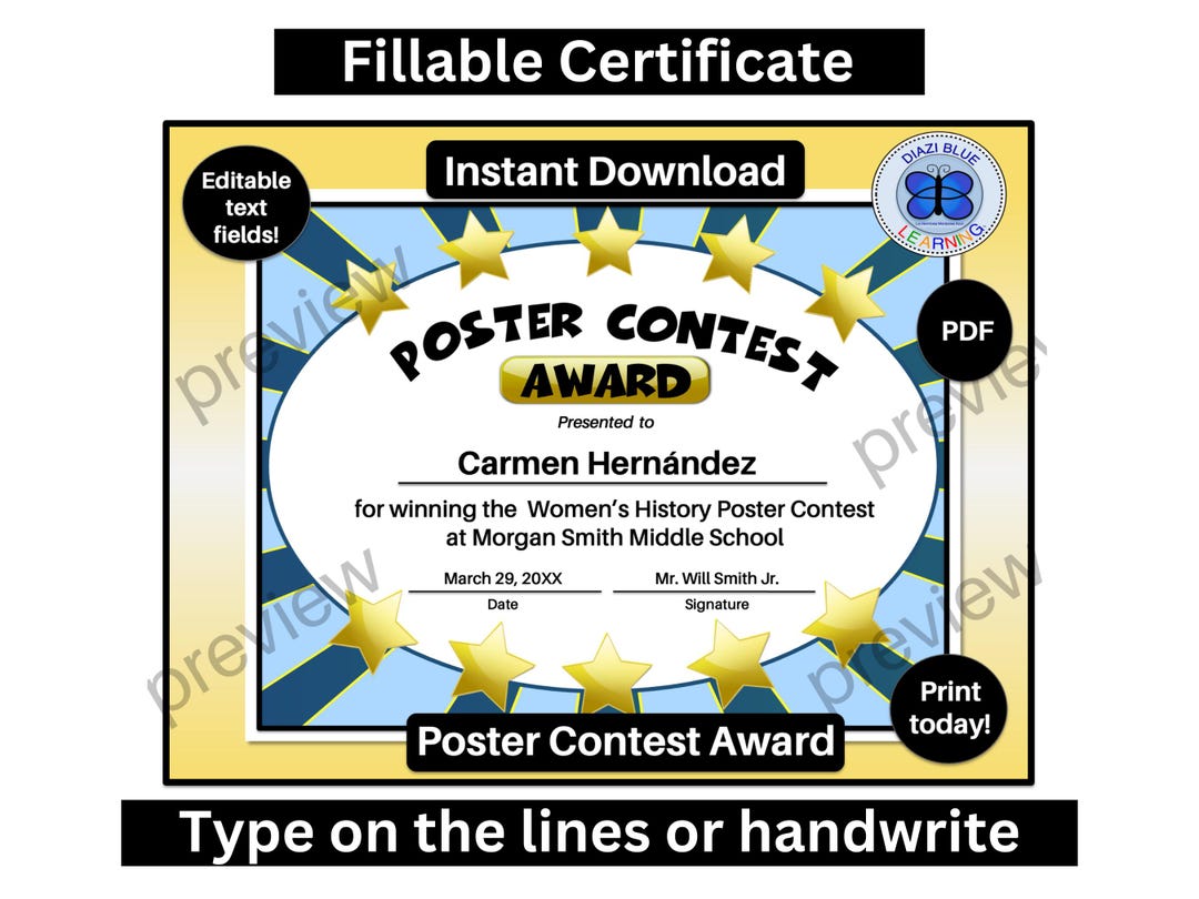 Poster Contest Award, Editable Poster Contest Certificate, PDF Poster ...