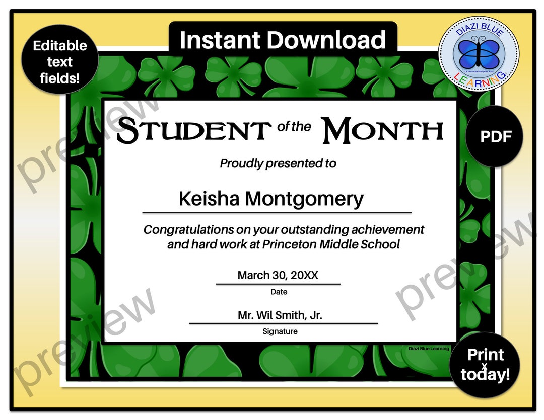 March Student of the Month Certificate, March Student of the Month ...