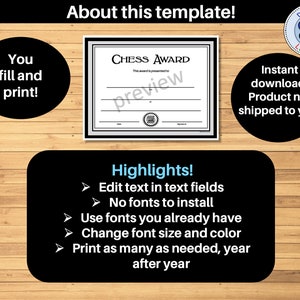 Editable Chess Award PDF, Printable Chess Certificate Award, End of ...