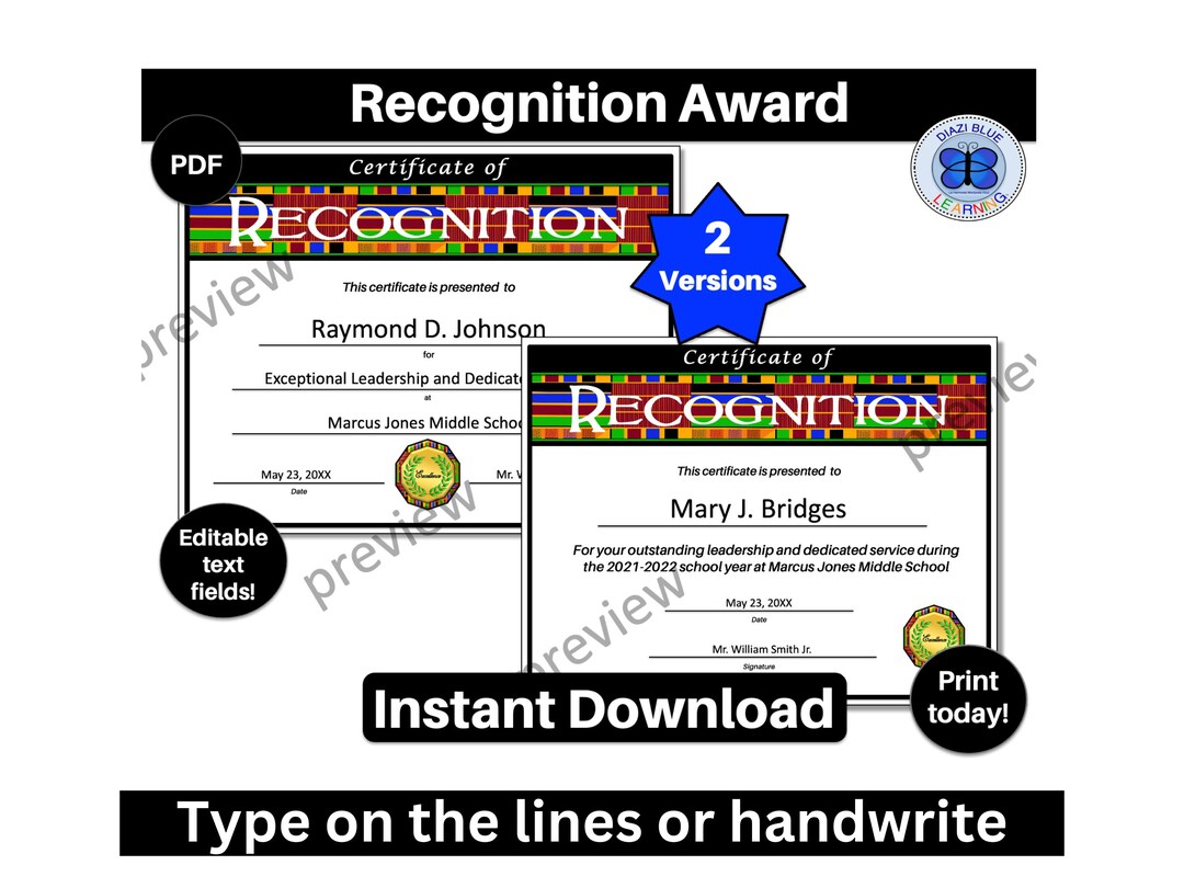 Kente Recognition Award With Bonus Certificate, Editable Certificate of ...