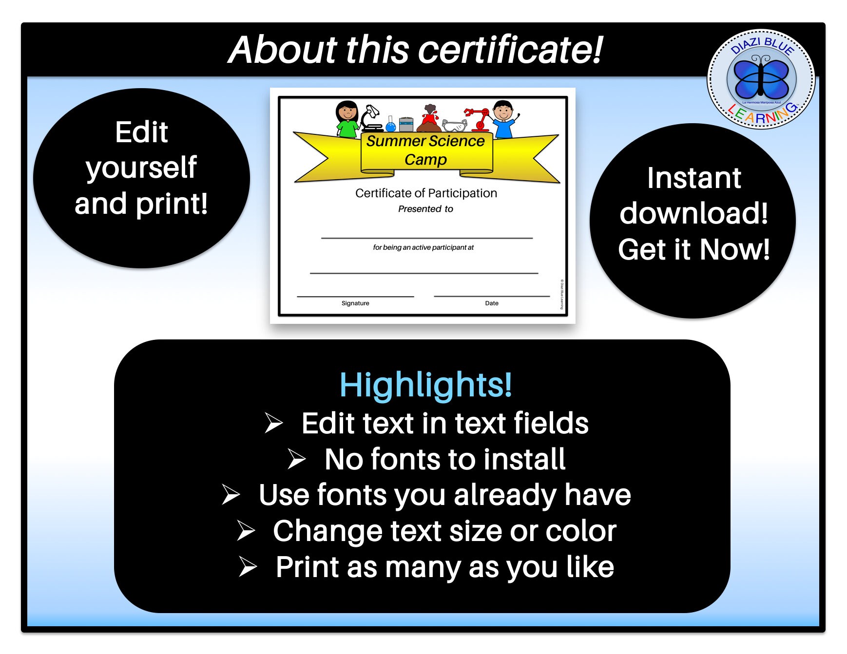 Summer Science Camp Certificates, Editable Summer Science Camp ...