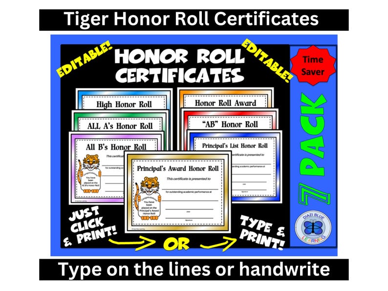 Tiger Honor Roll Certificates, 7 Pack Honor Roll Certificates, Tiger ...