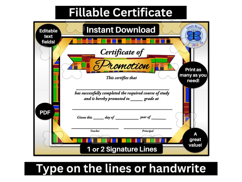 Kente Promotion Certificate, 1 or 2 Signature Lines, End of School Year ...