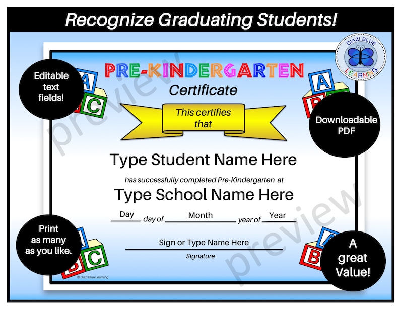 Pre-k Graduation Certificates 1 and 2 Signature Versions, Fillable Pre ...