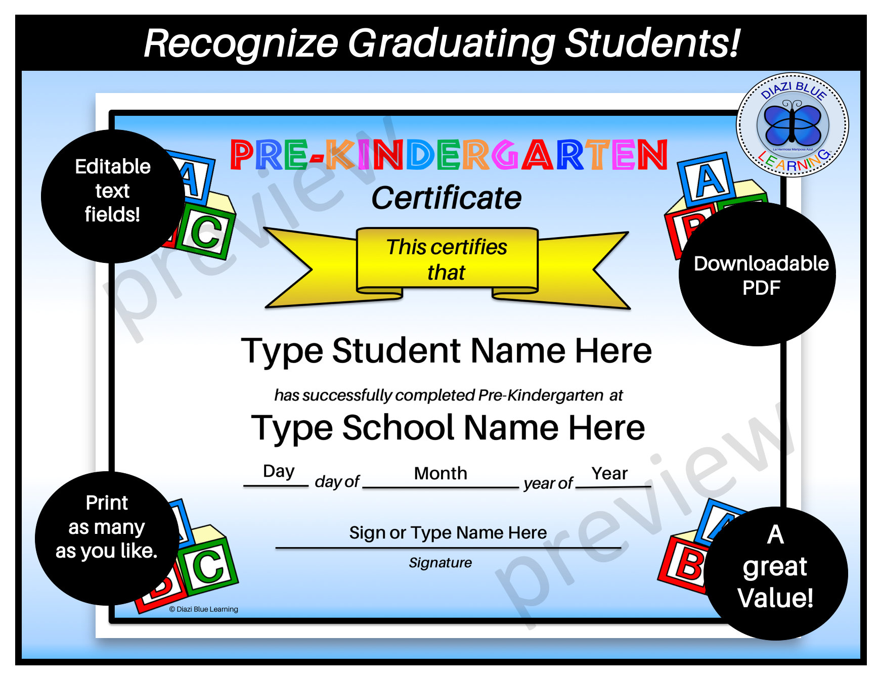 Pre-k Graduation Certificates 1 and 2 Signature Versions, Fillable Pre ...