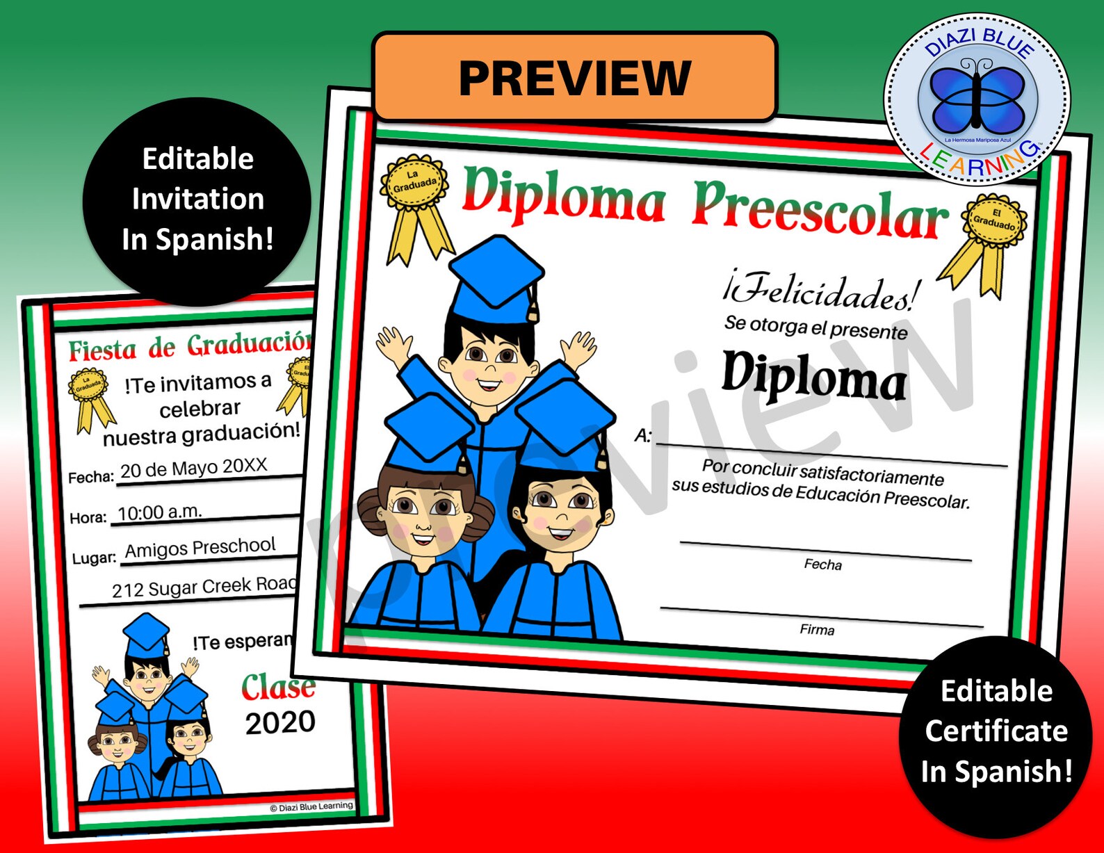 Spanish Preschool Diploma with Invitation Diploma Preescolar | Etsy