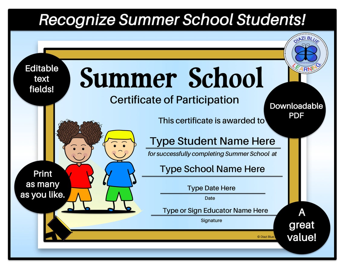 Summer School Certificate Editable Summer School Certificate - Etsy