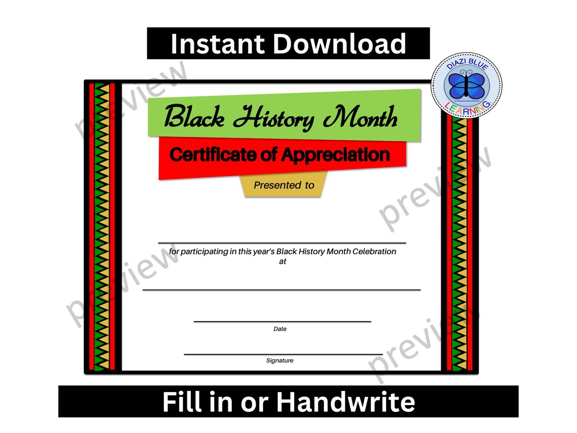 Black History Month Certificate of Appreciation, Editable Black History ...