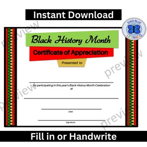 Black History Month Certificate of Appreciation, Editable Black History ...