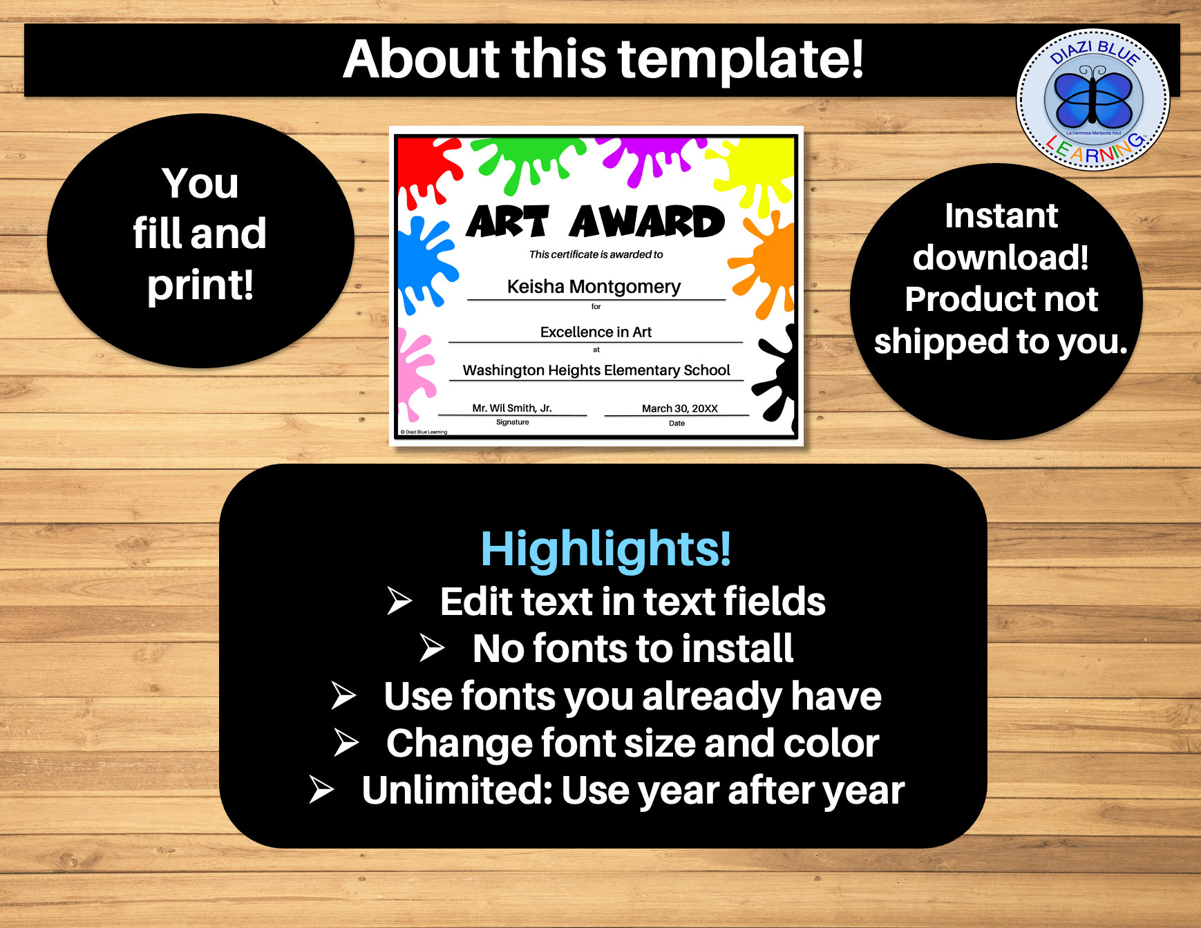 Art Certificate, PDF Art Certificate, Editable Art Certificate, End of ...