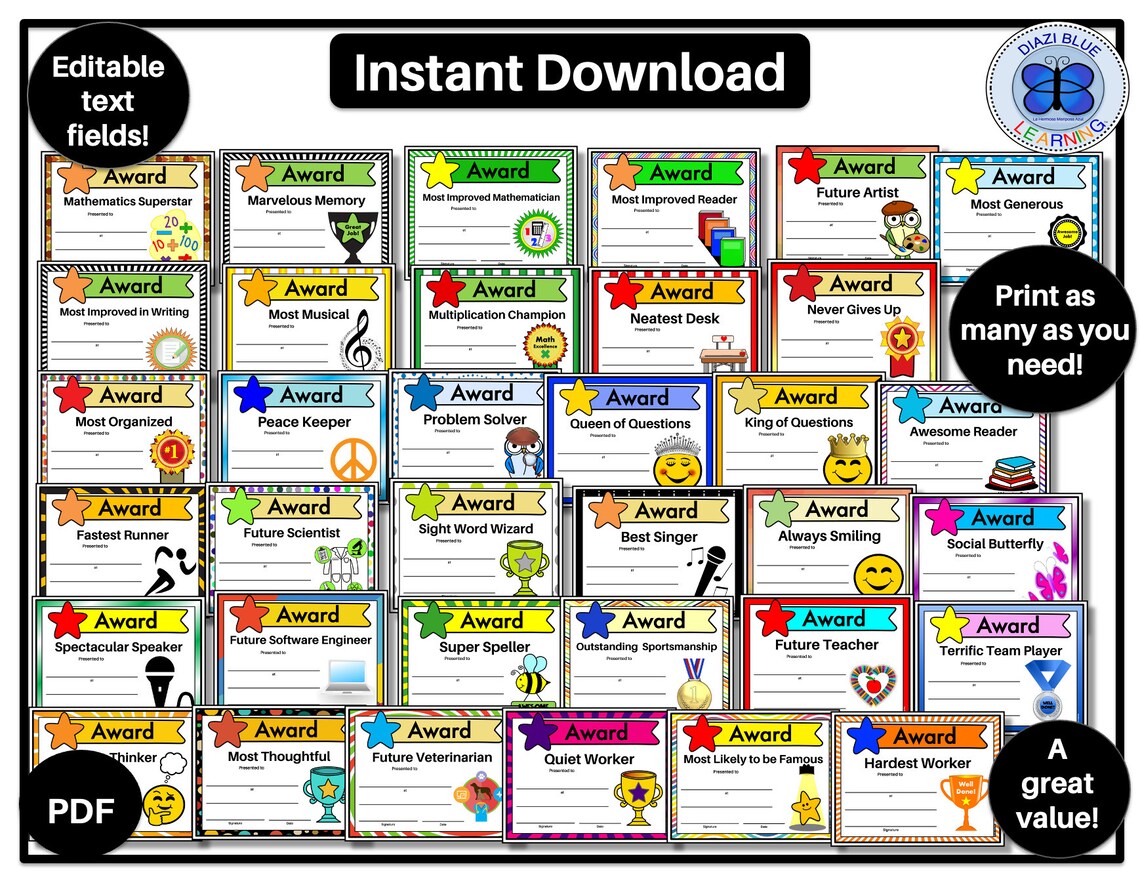 70 End of Year Award Certificates, Editable Student Certificates, End ...