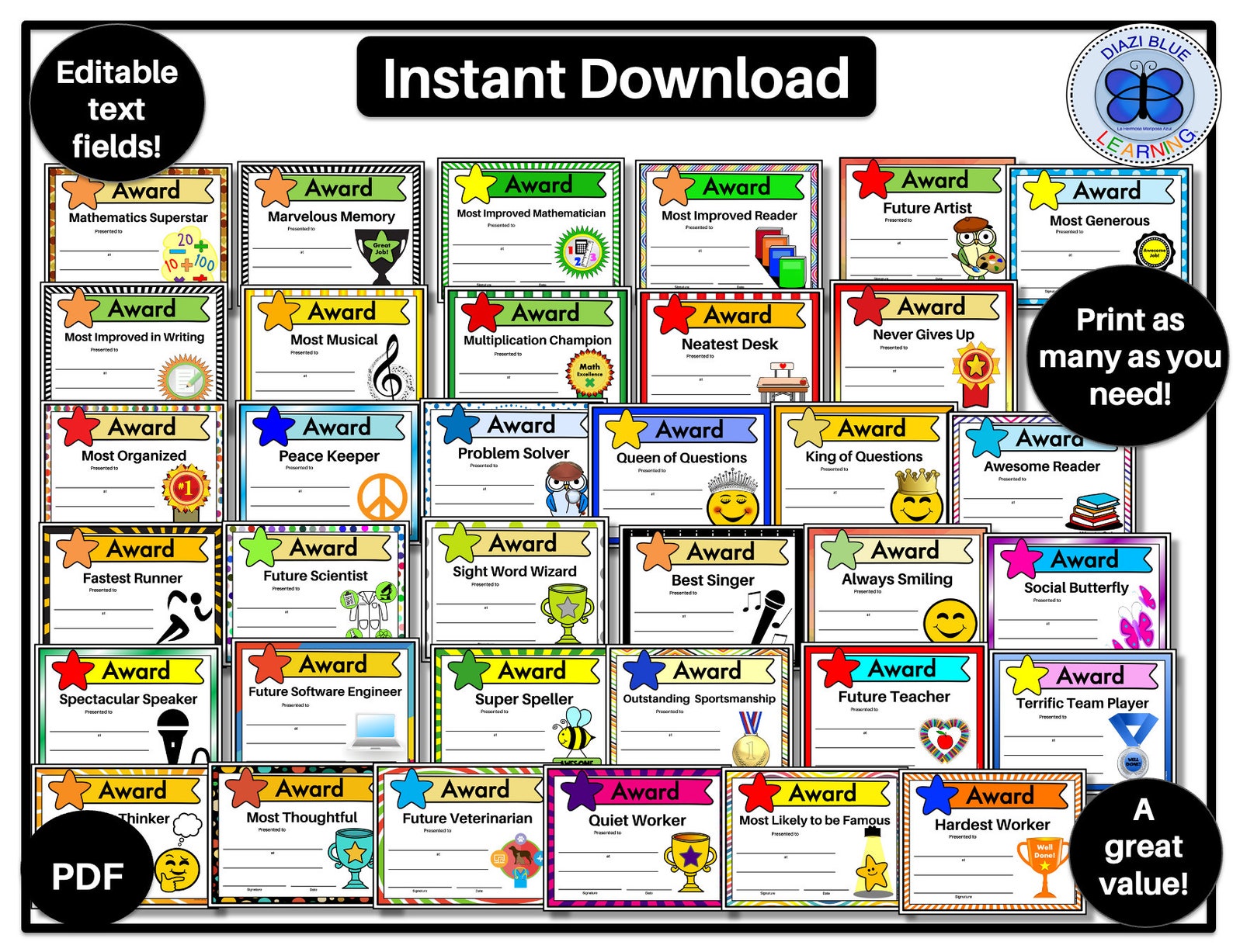 70 End of Year Award Certificates, Editable Student Certificates, End ...