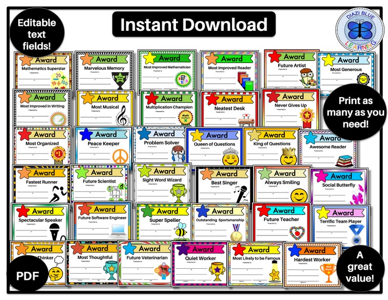 70 End of Year Award Certificates, Editable Student Certificates, End ...