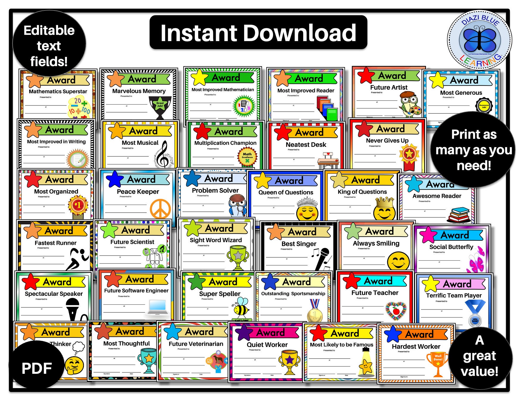 70 End of Year Award Certificates, Editable Student Certificates, End ...