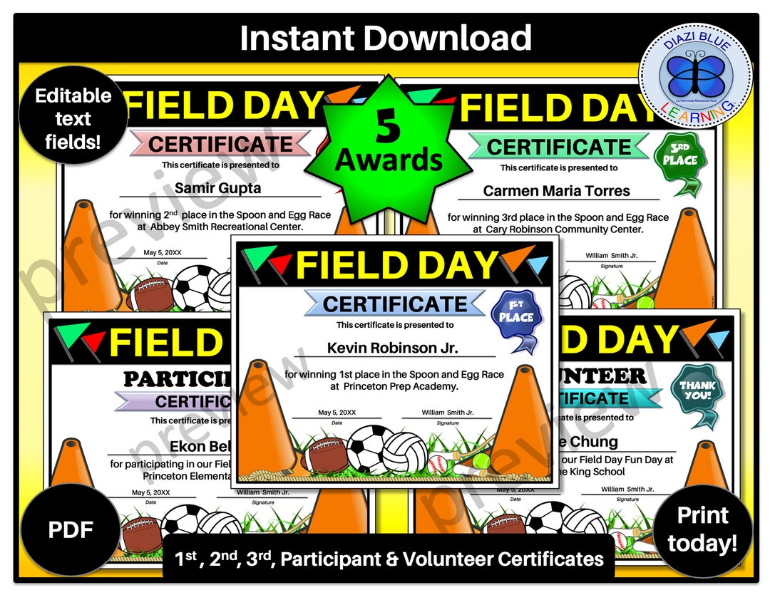 Field Day Award Set 2 Editable Field Day Certificate PDF - Etsy