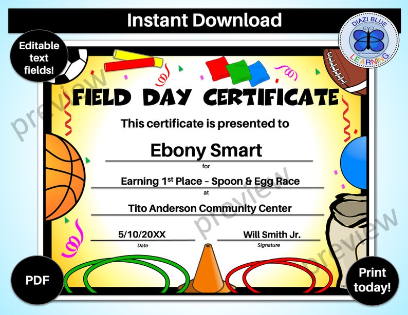 Field Day Certificate #1, Field Day Award, Editable Field Day ...