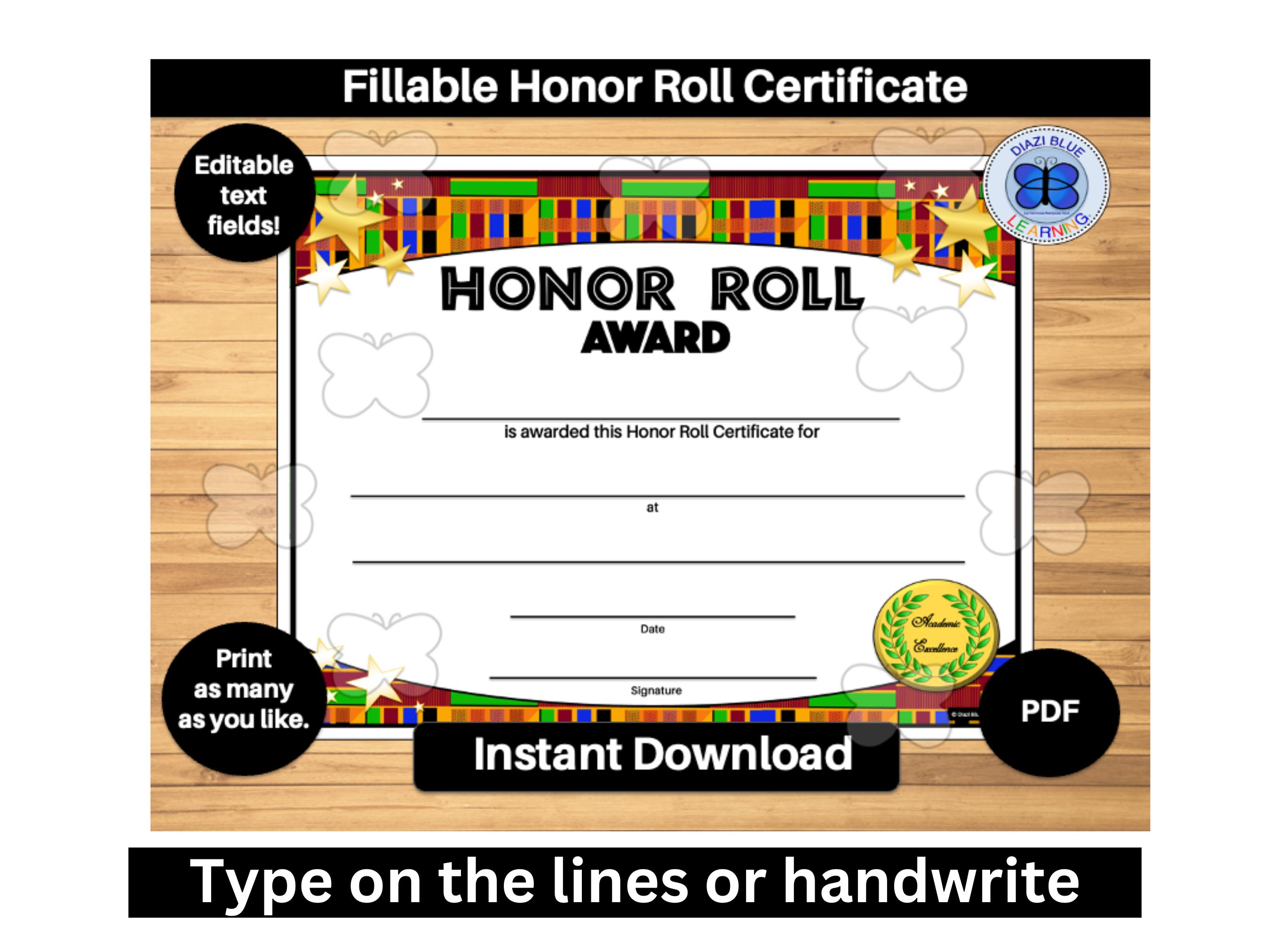 Kente Fillable Honor Roll PDF Certificate #1, Editable Kente Honor Roll ...