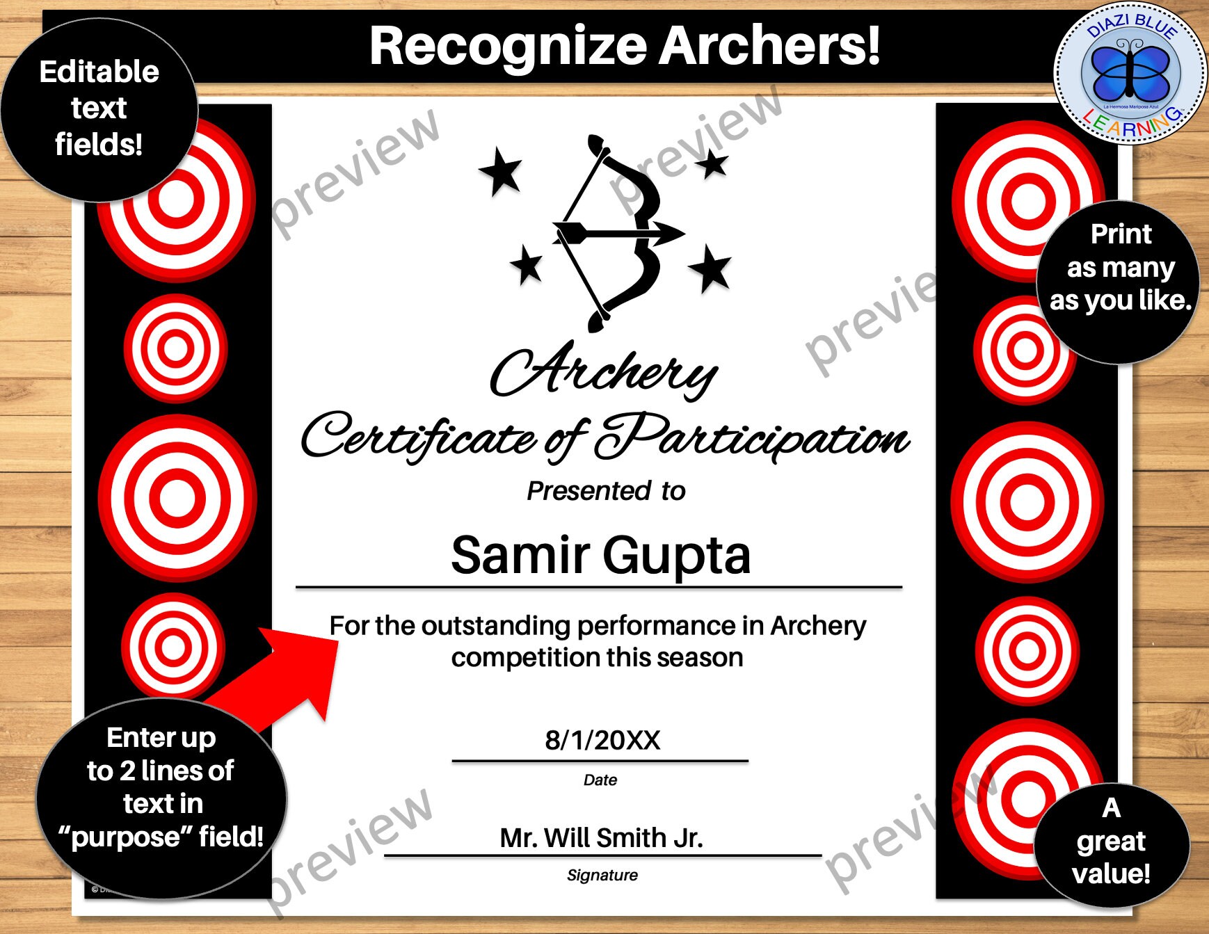 Archery Award, Editable Archery Certificate Award PDF, Archery ...