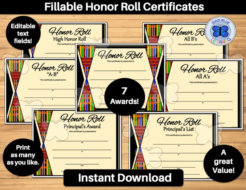Set of 7 Kente Fillable Honor Roll PDF Certificates 3, Editable Kente ...