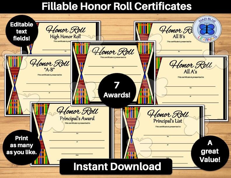 Set of 7 Kente Fillable Honor Roll PDF Certificates 3, Editable Kente ...