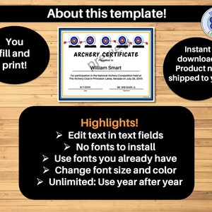 Archery Award, Editable Archery Certificate Award PDF, Archery ...