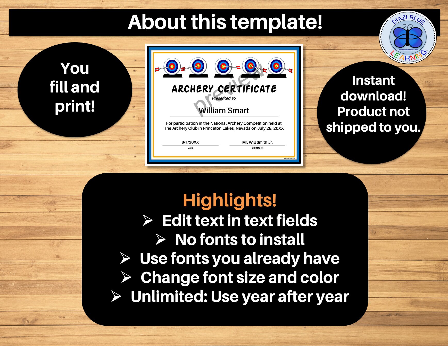 Archery Award, Editable Archery Certificate Award PDF, Archery ...