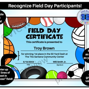 Field Day Certificate #2, Field Day Award, Editable Field Day ...