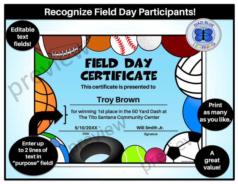 Field Day Certificate #2, Field Day Award, Editable Field Day ...