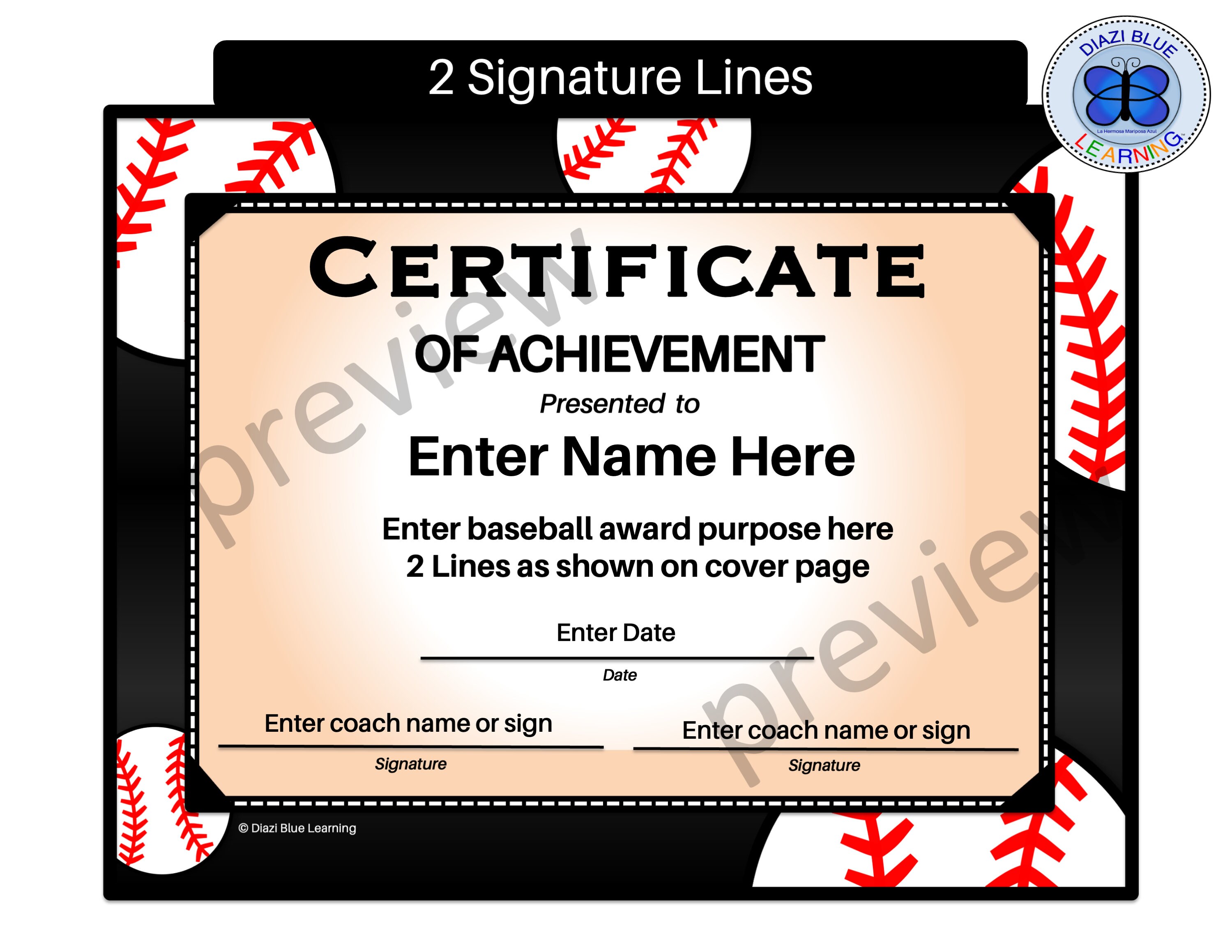 Editable Baseball Certificate, Baseball Certificate With 1 or 2 ...