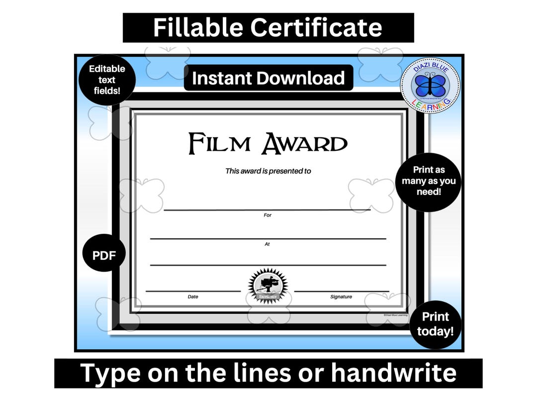 Editable Film Award PDF, Printable Film Certificate Award, End of Year ...
