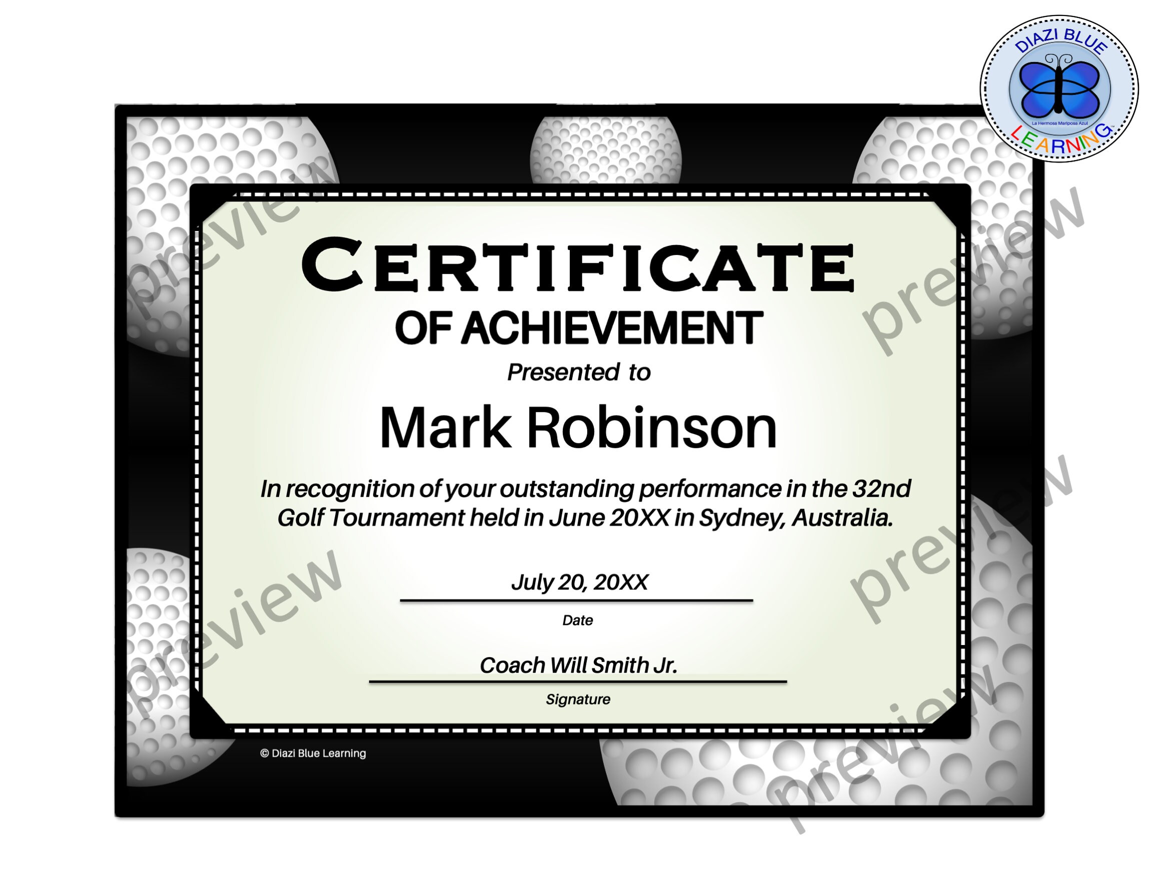 Editable Golf Certificate, Golf Certificate With 1 or 2 Signature Line ...