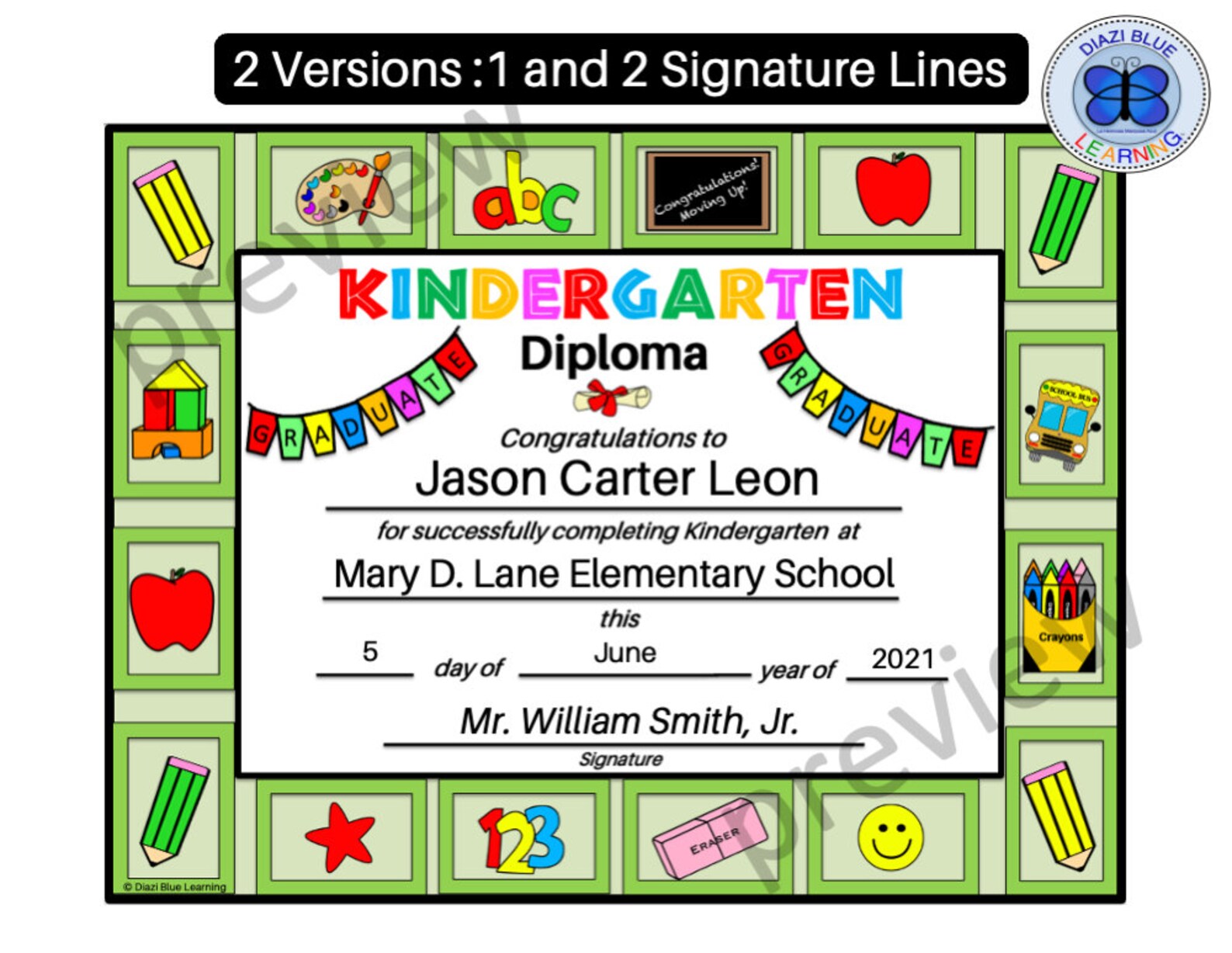 Kindergarten Diploma, Kindergarten Graduation Diploma, Fillable Kinder ...