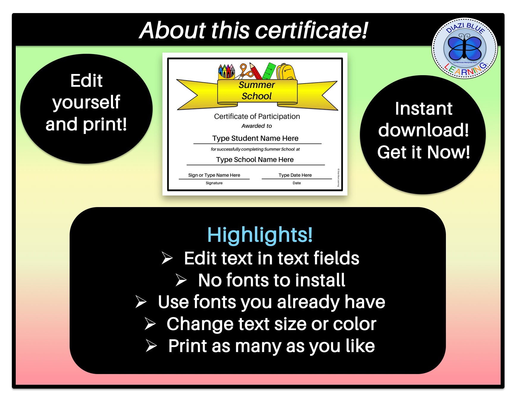 Summer School Certificate, Editable Summer School Certificate ...