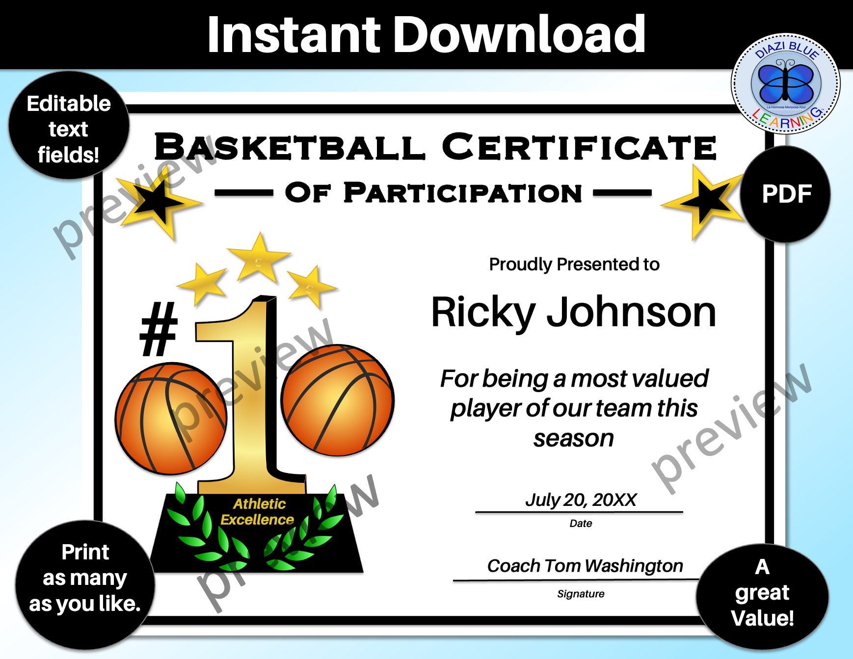 Editable Basketball Certificate, PDF Basketball Certificate, Basketball ...