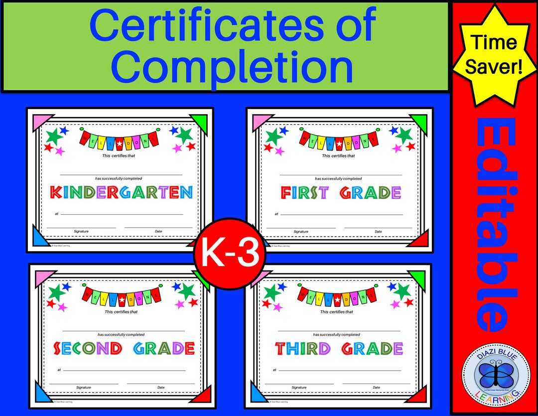 K-3 Certificates of Completion, Kindergarten Certificate, First Grade ...
