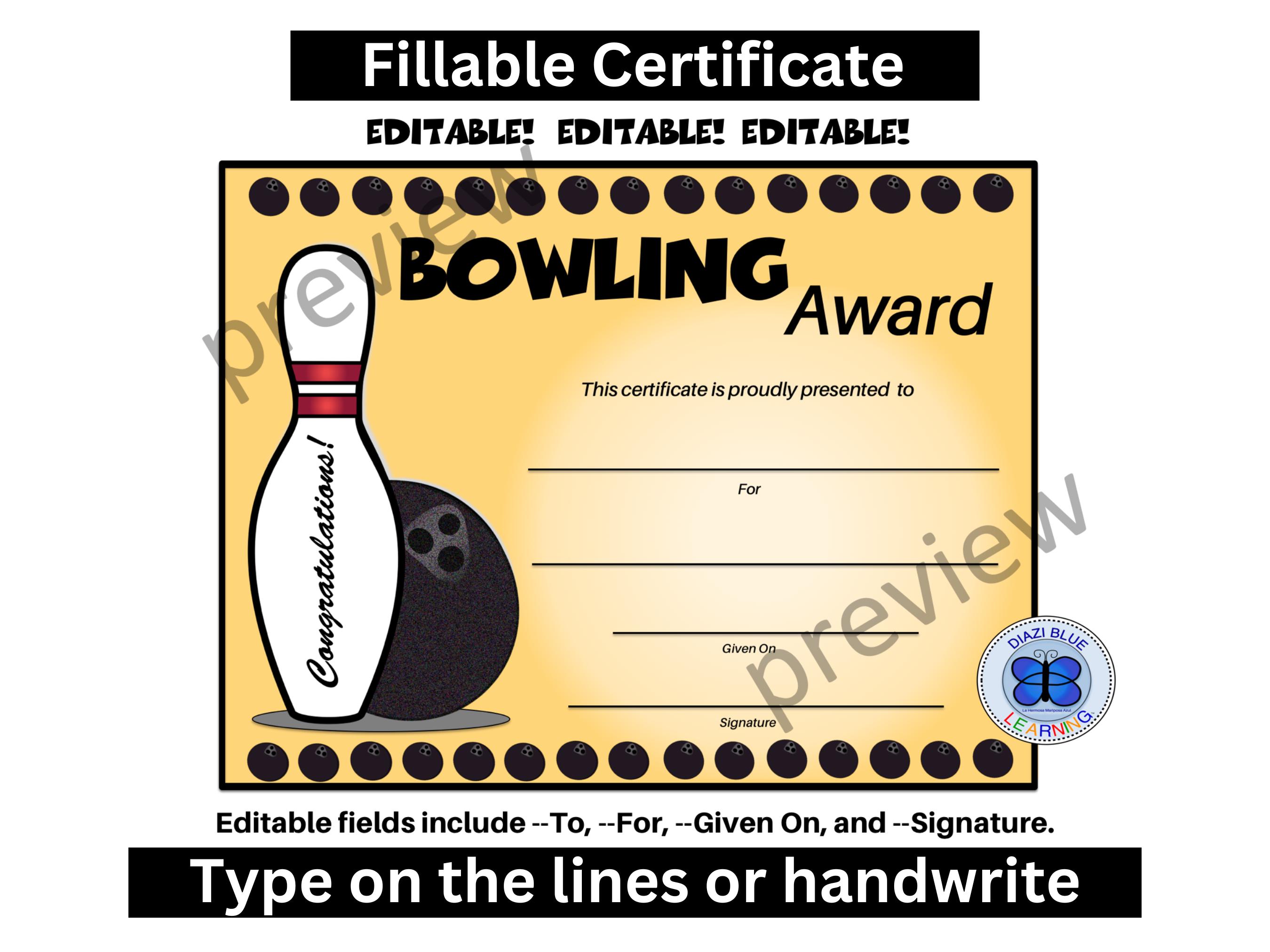 Bowling Certificate, Bowling Award, Editable Bowling Certificate ...