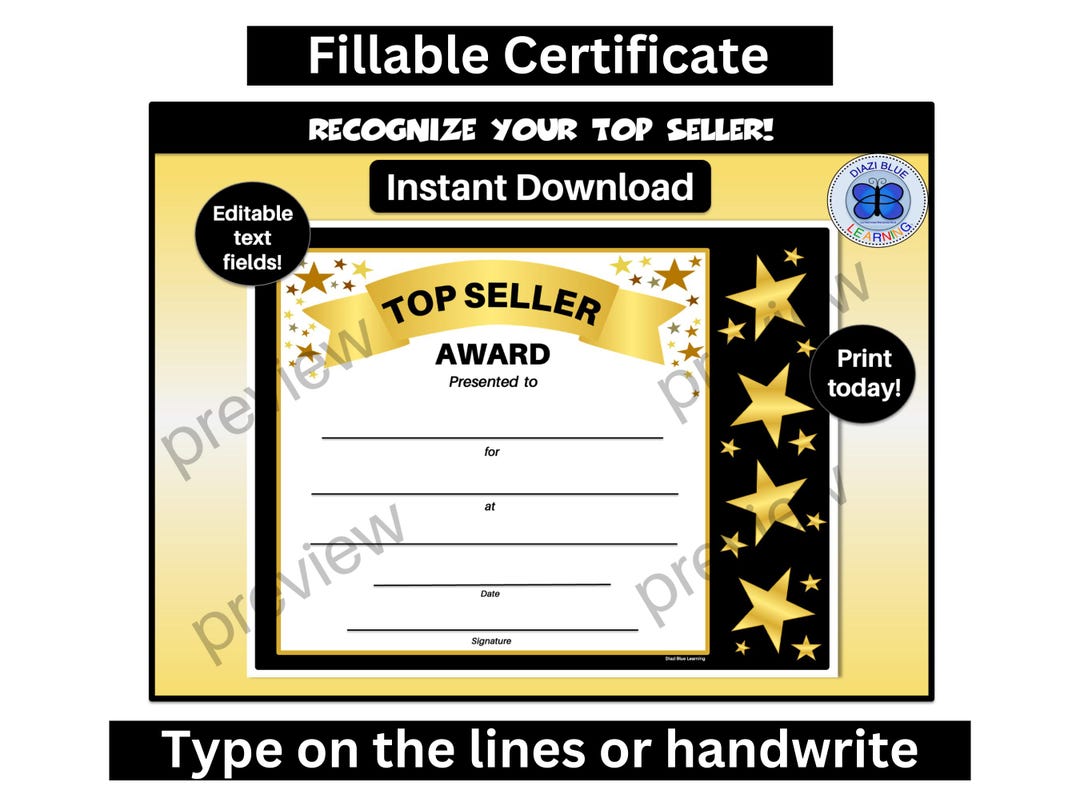 Top Seller Award, Top Seller Certificate of Recognition, School ...