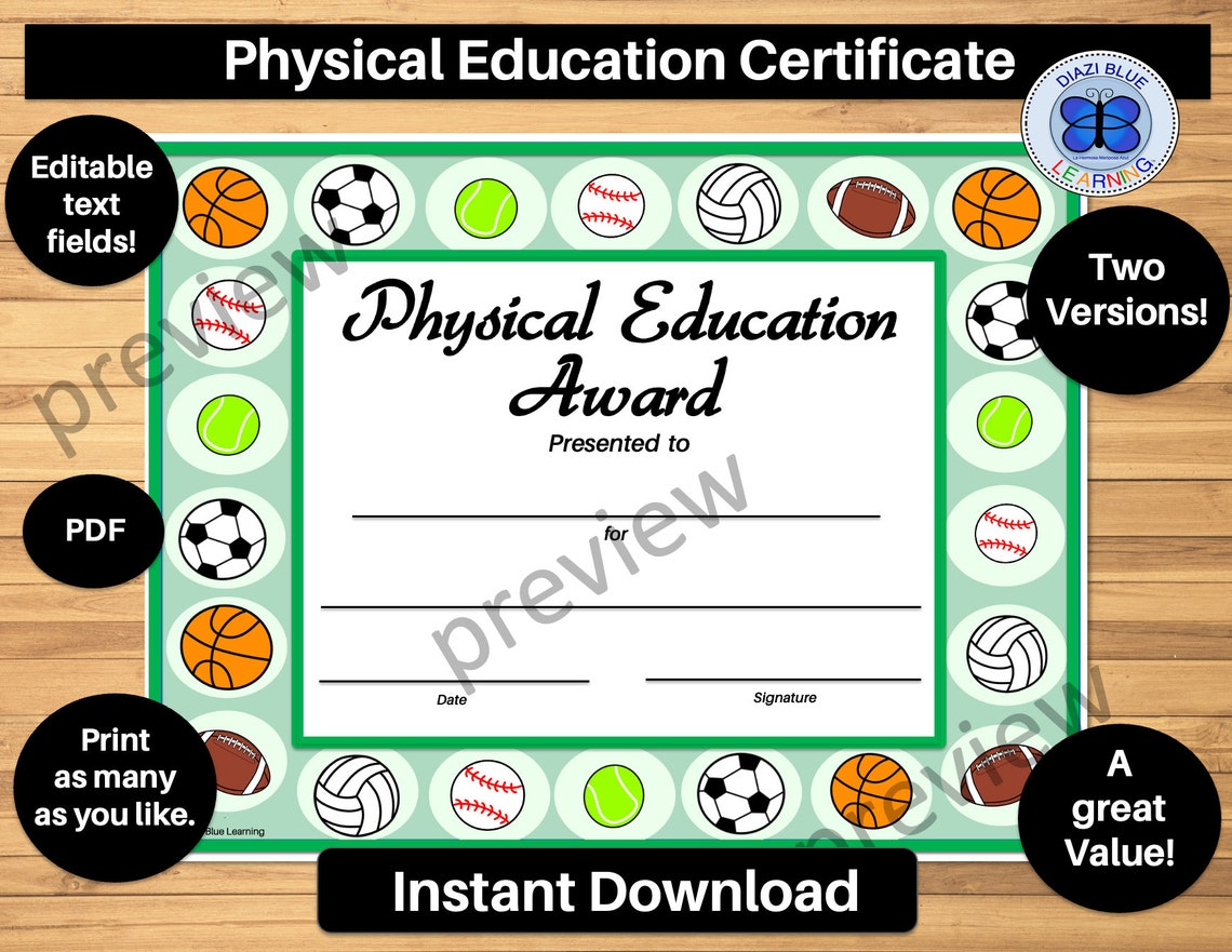 Physical Education Certificate, Editable PE Certificate, Editable PE ...
