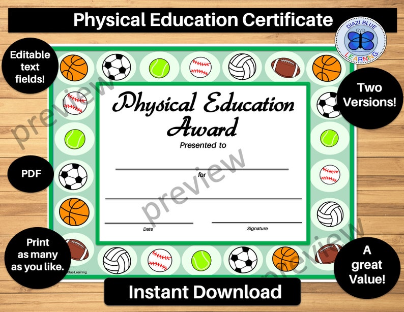 Physical Education Certificate, Editable PE Certificate, Editable PE ...