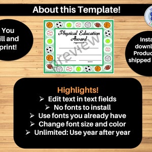 Physical Education Certificate, Editable PE Certificate, Editable PE ...