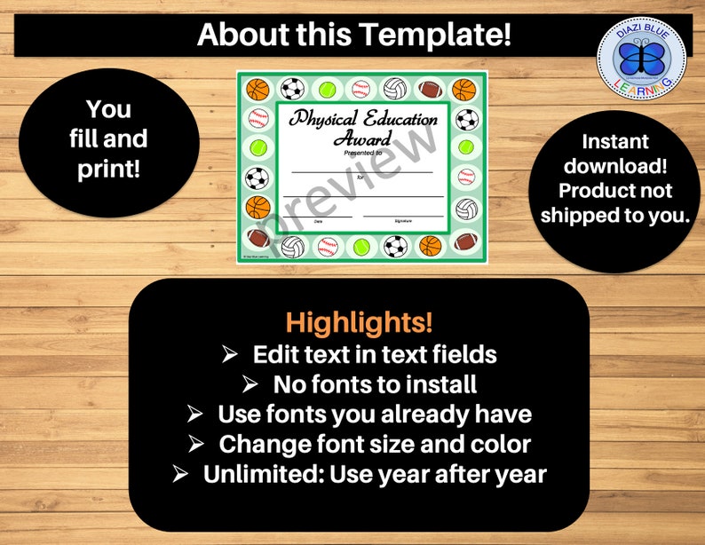 Physical Education Certificate, Editable PE Certificate, Editable PE ...