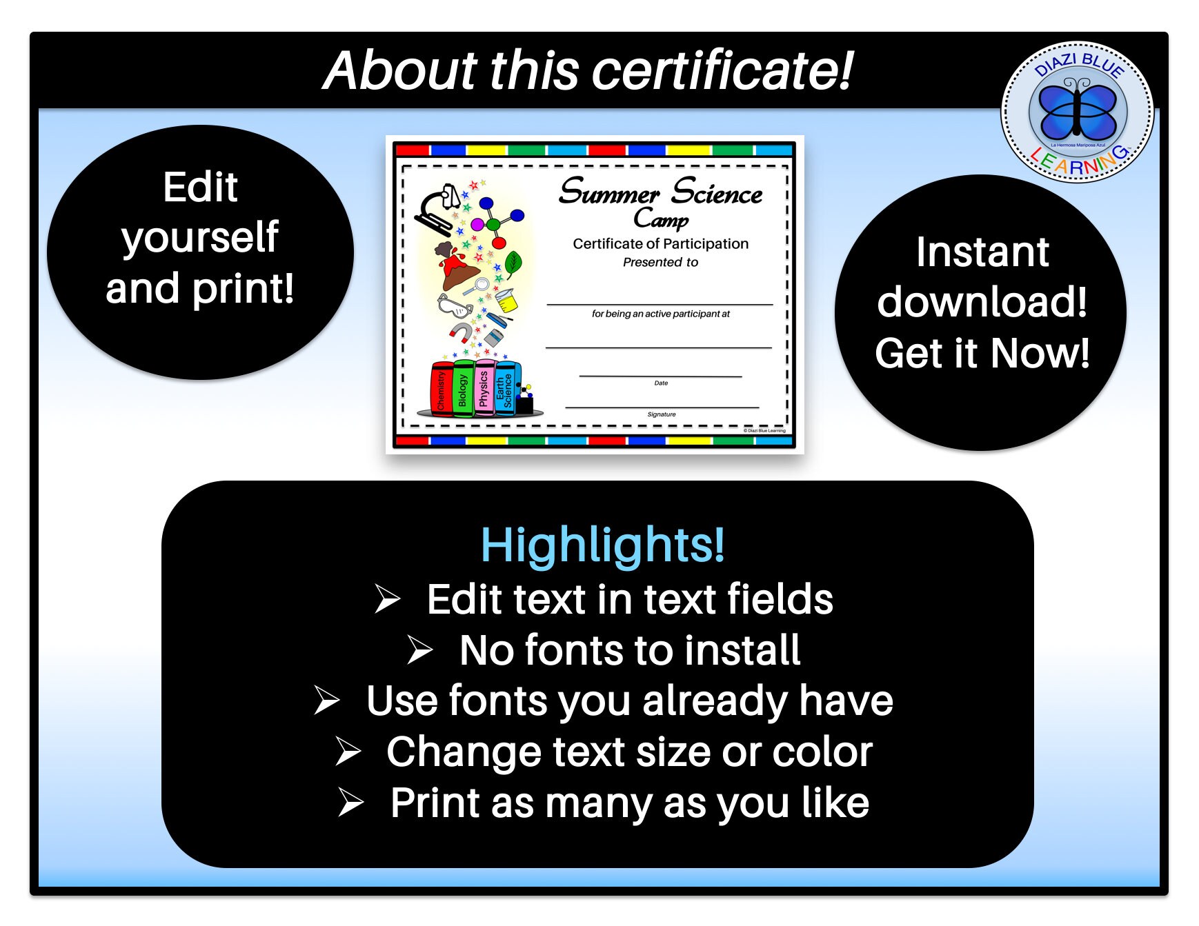 Summer Science Camp Certificates, Editable Summer Science Camp ...