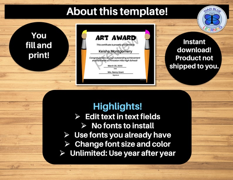 Art Certificate, PDF Art Award, Editable Art Certificate, End of Year ...