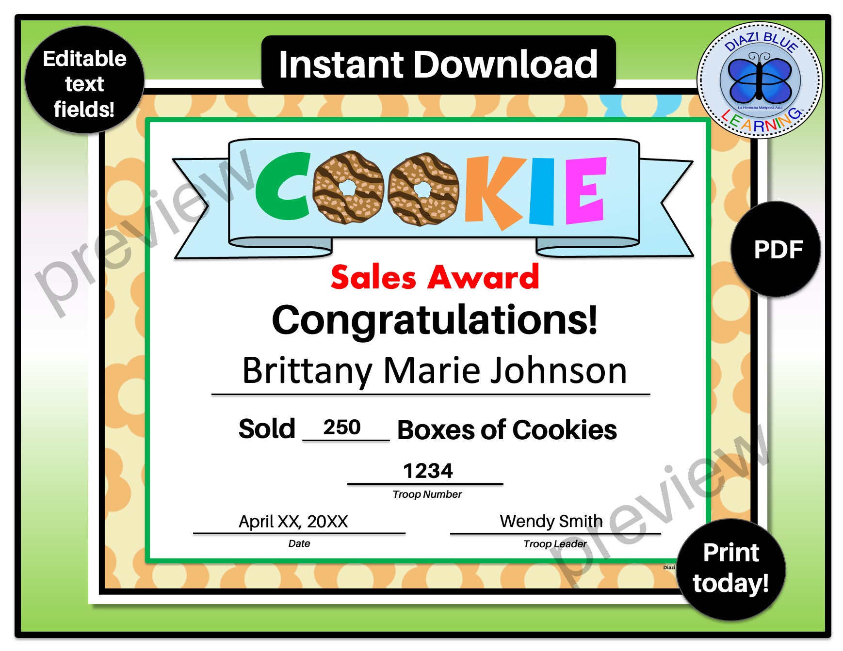 Cookie Sales Award Certificate, Editable Cookie Sales Award Certificate ...