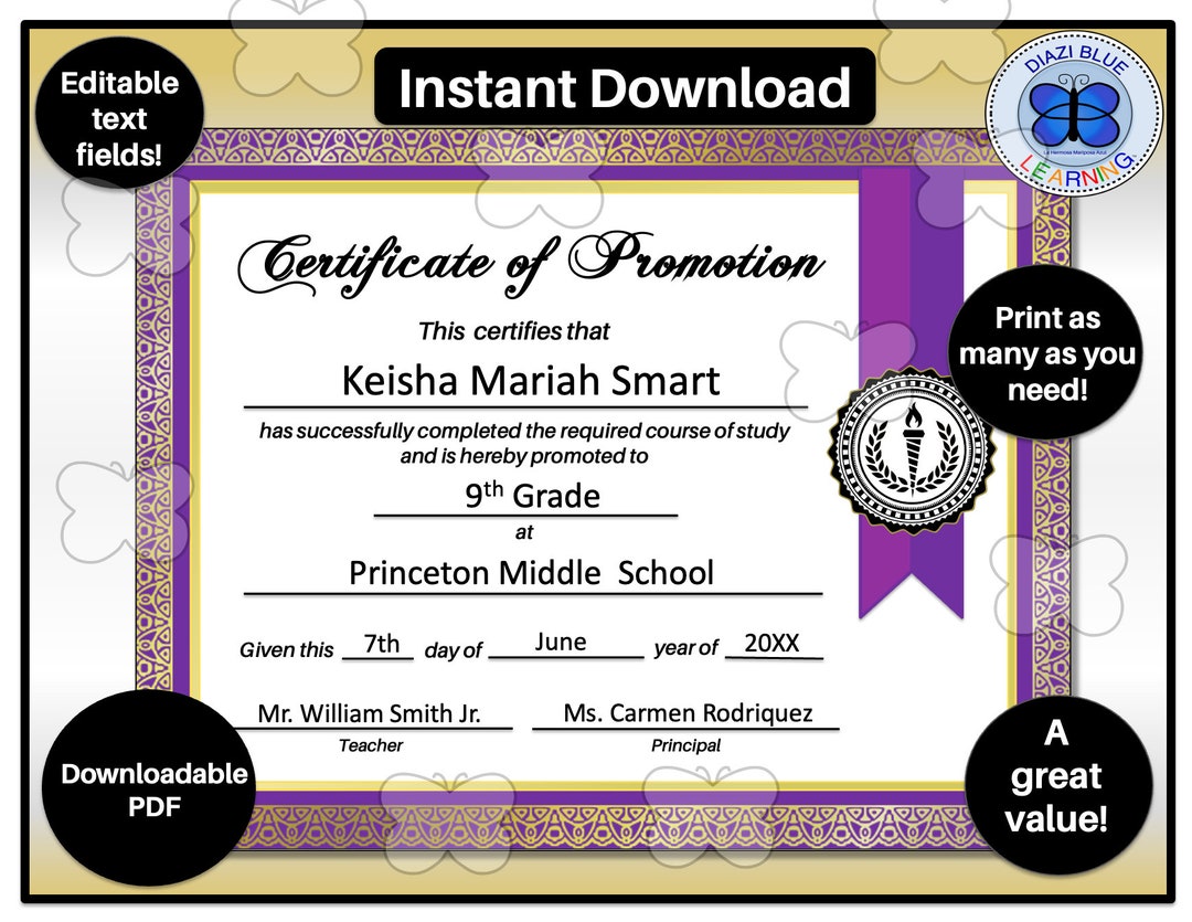 Certificate of Promotion, Certificate of Completion, End of Year School ...